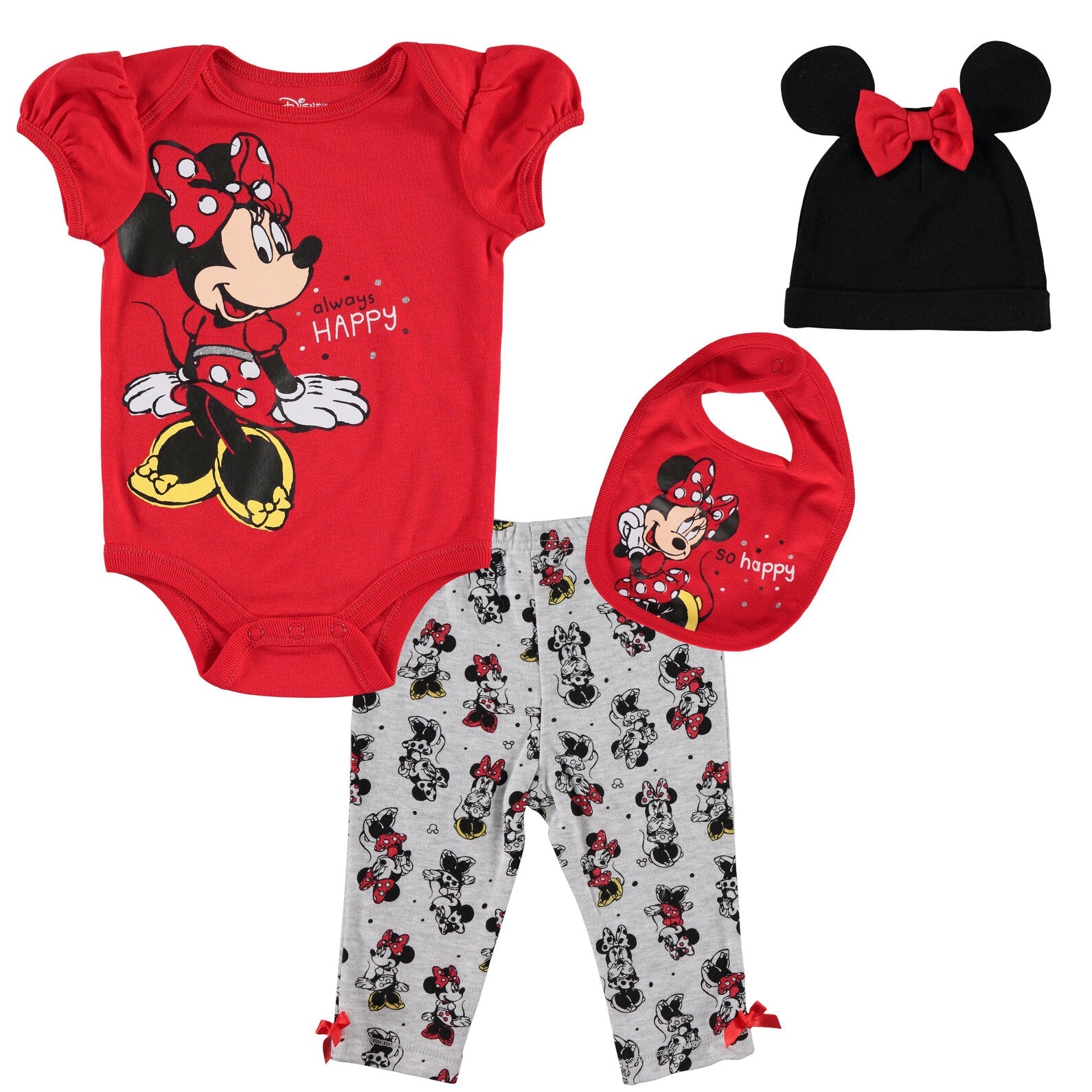 Disney Minnie Mouse Bodysuit Pants Bib and Hat 4 Piece Outfit Set ...