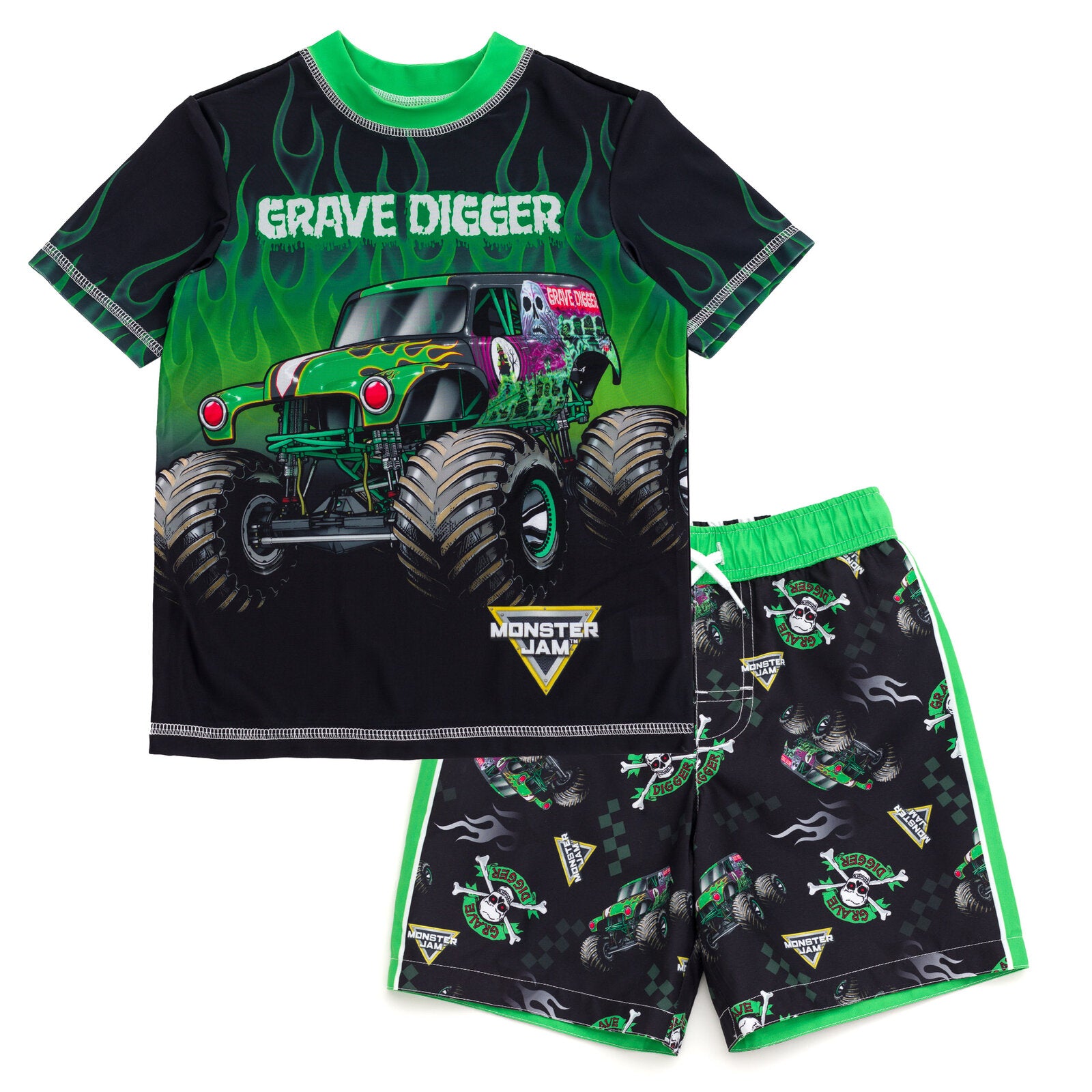 Monster Jam Grave Digger UPF 50+ Rash Guard and Swim Trunks Outfit Set ...