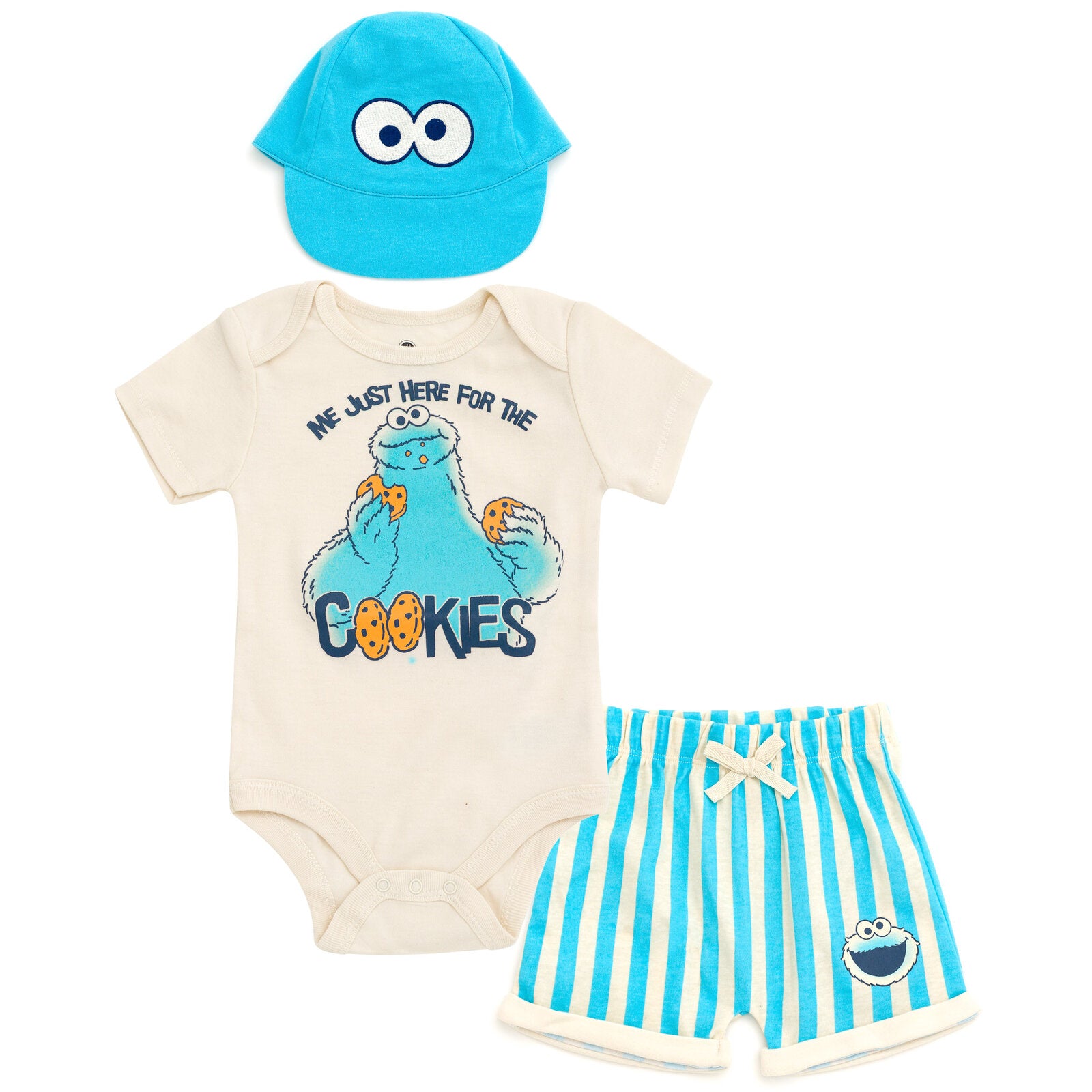 Sesame Street Cookie Monster Bodysuit, Shorts and Baseball Cap 3 Piece ...