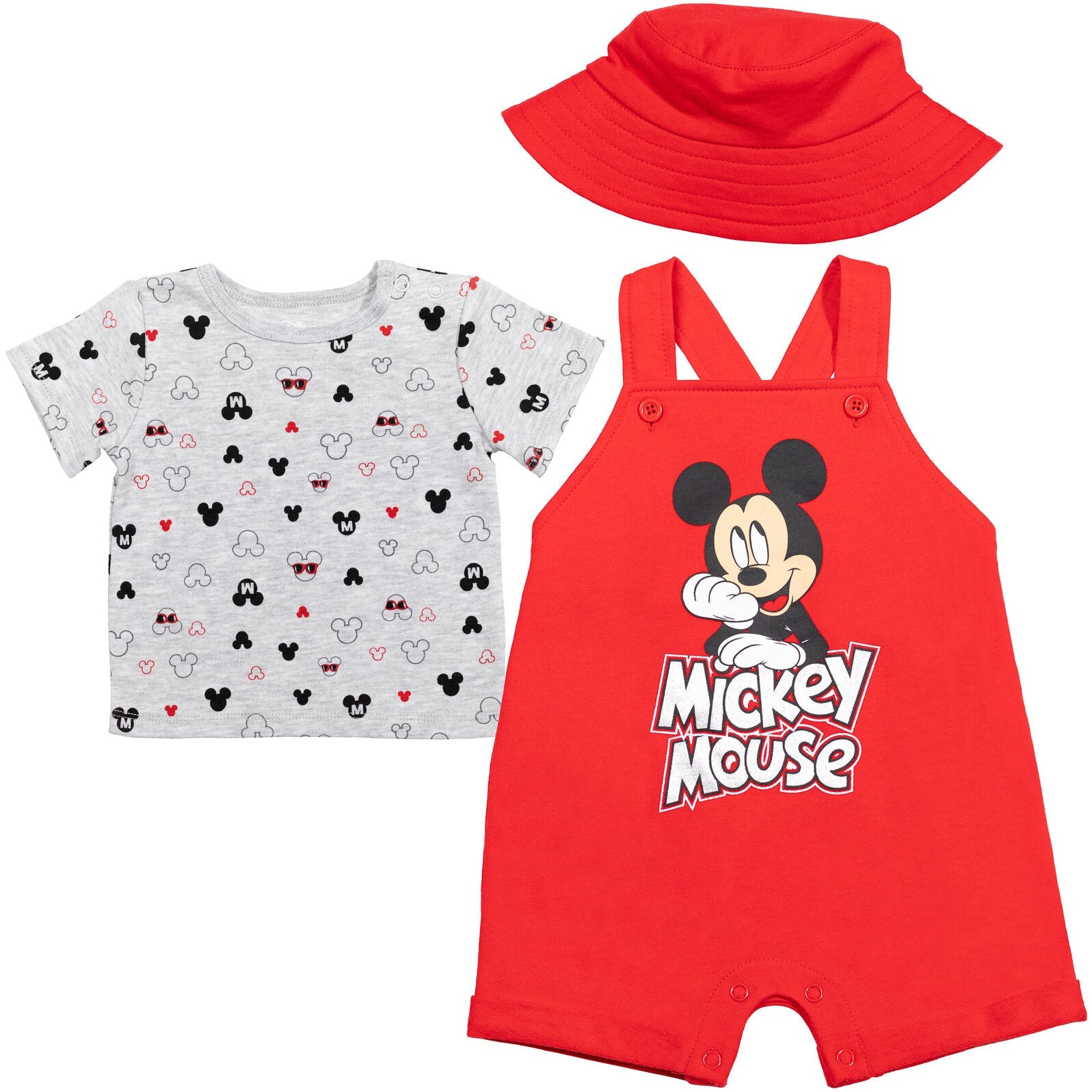 Disney Mickey Mouse French Terry Short Overalls T-Shirt and Hat 3 Piece ...